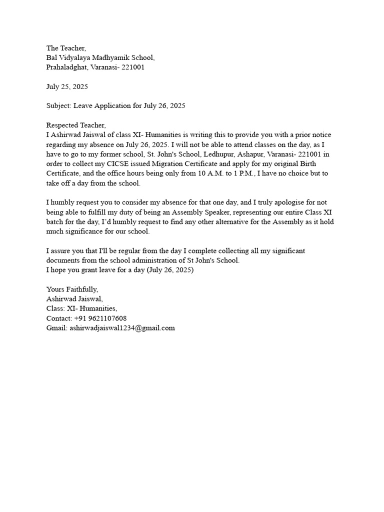 Leave Application for Class XI Student | PDF