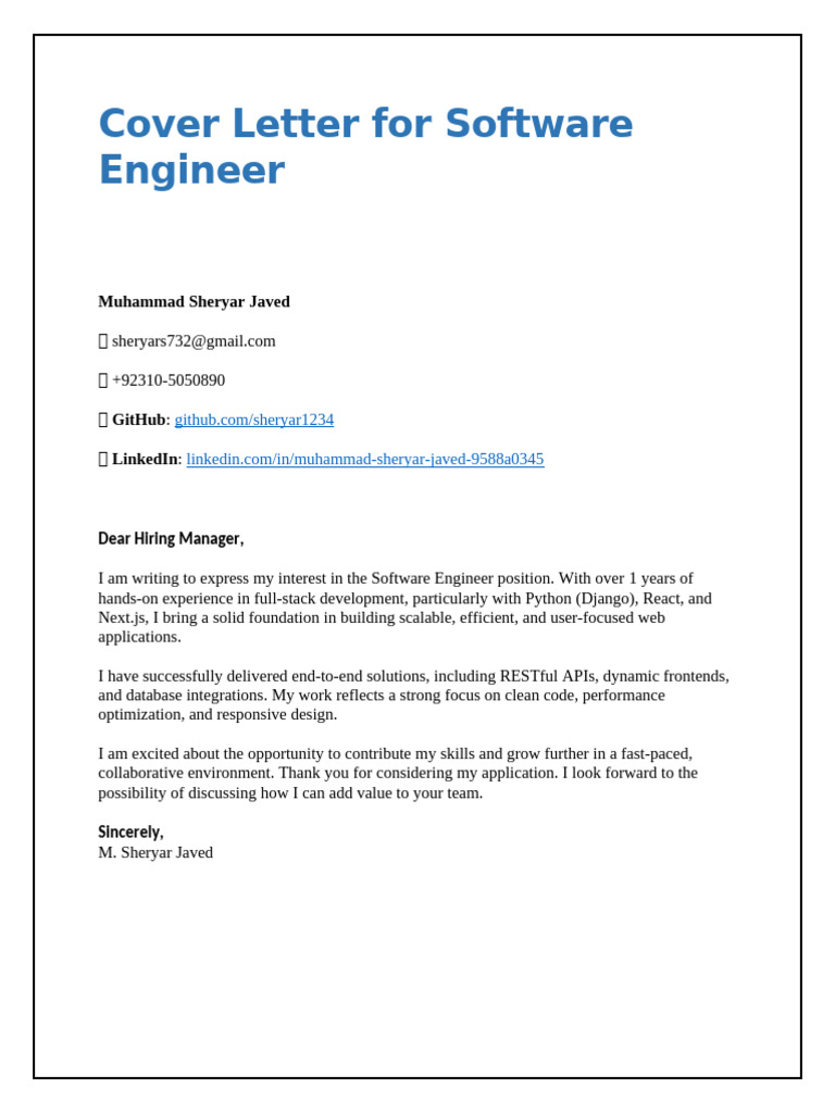 Cover Letter For Software Engineer | PDF