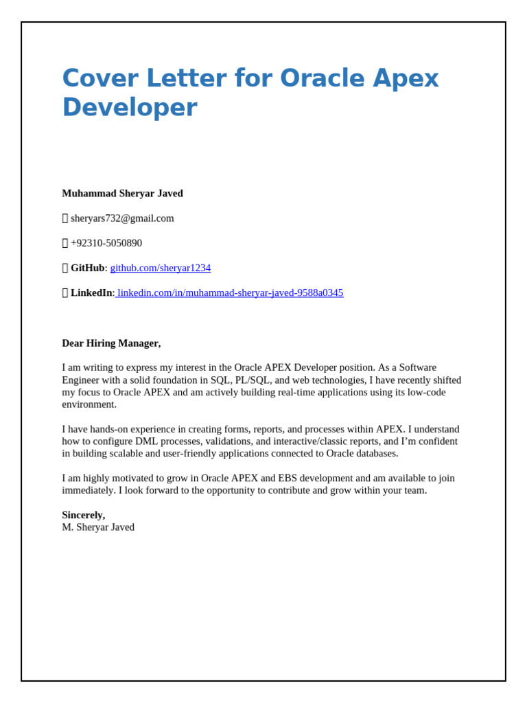 Oracle APEX Developer Cover Letter | PDF