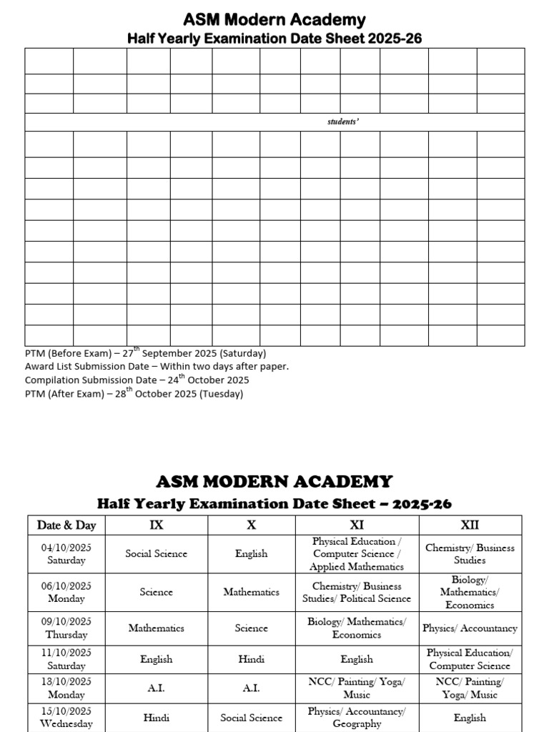 Half Yearly Examination Date Sheet - 2025 | PDF | Inquiry | Science