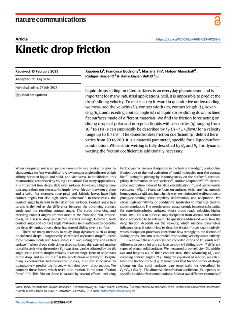 Kinetic Drop Friction 动力学液滴摩擦 s41467-023-40289-8 | PDF | Friction ...