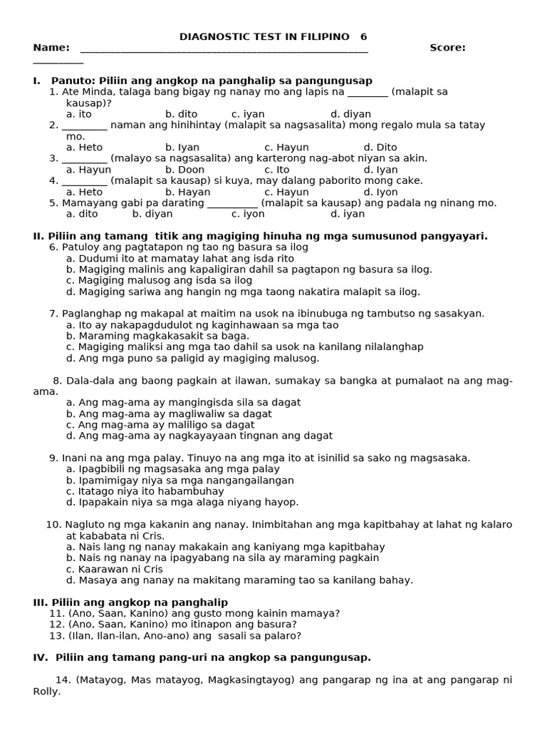 Diagnostic Test - Filipino 6 | PDF
