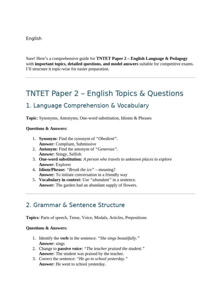 TNTET Paper 2 English Study Guide | PDF | Reading Comprehension ...
