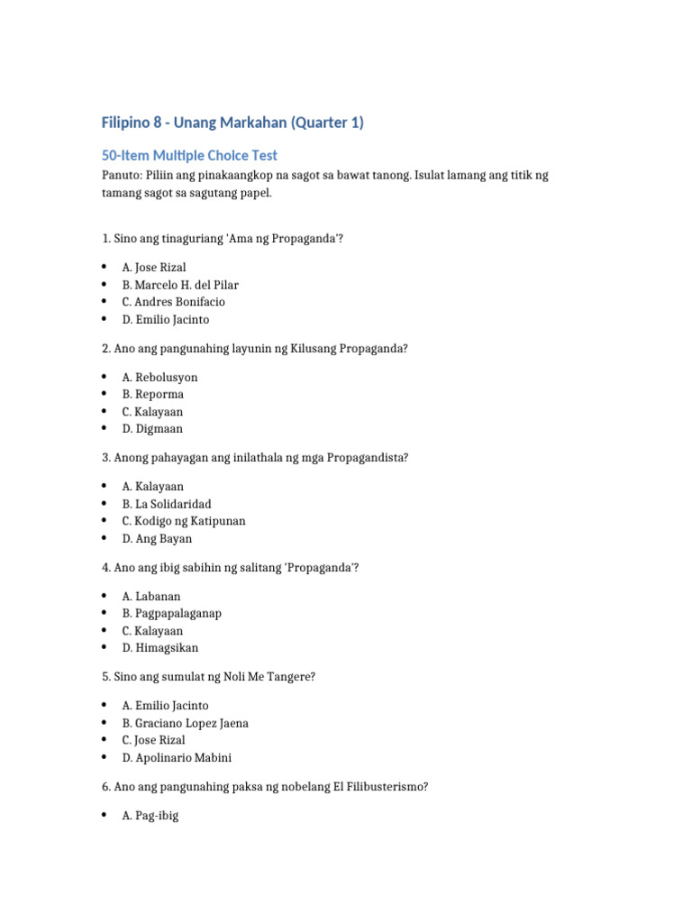 Filipino 8 Q1 Test | PDF | Philippines–Spain Relations | Philippines
