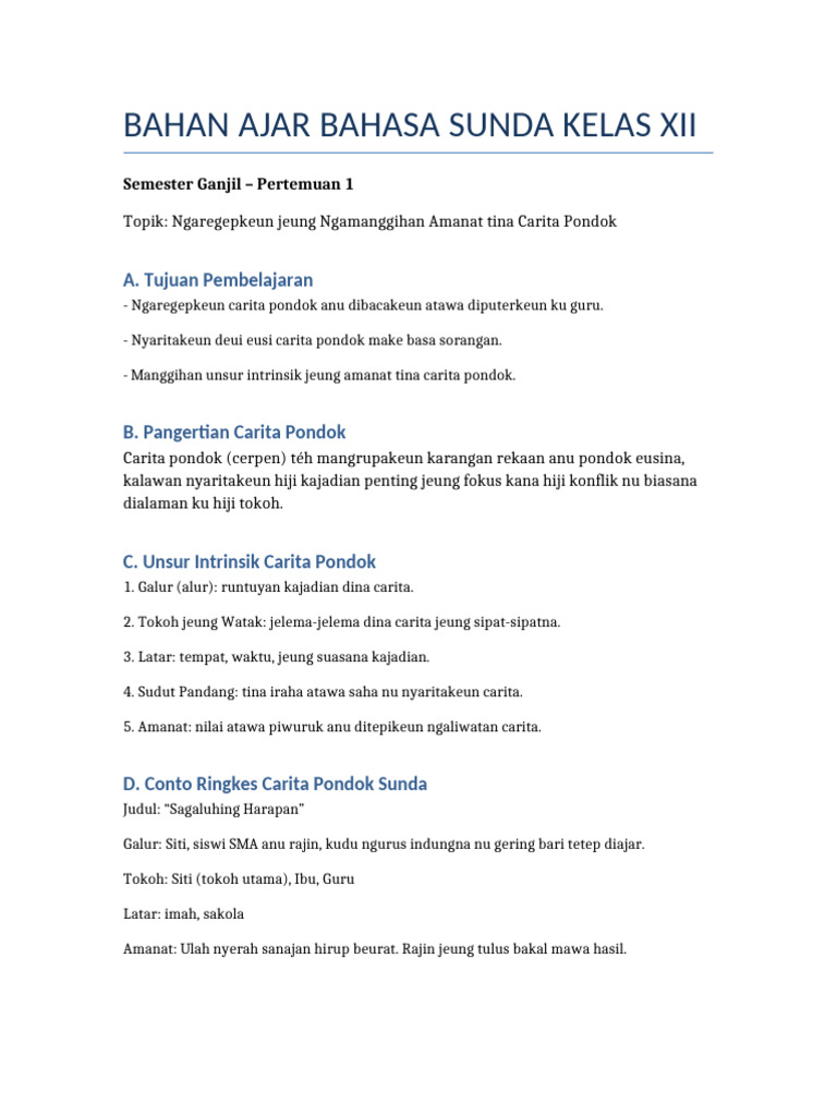Bahan Ajar Bahasa Sunda XII Pertemuan 1 | PDF