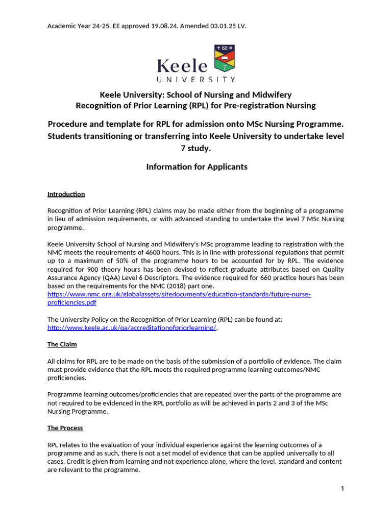 MSC Nursing RPL Mapping Doc - Applicant Version | PDF | Nursing | Dentistry