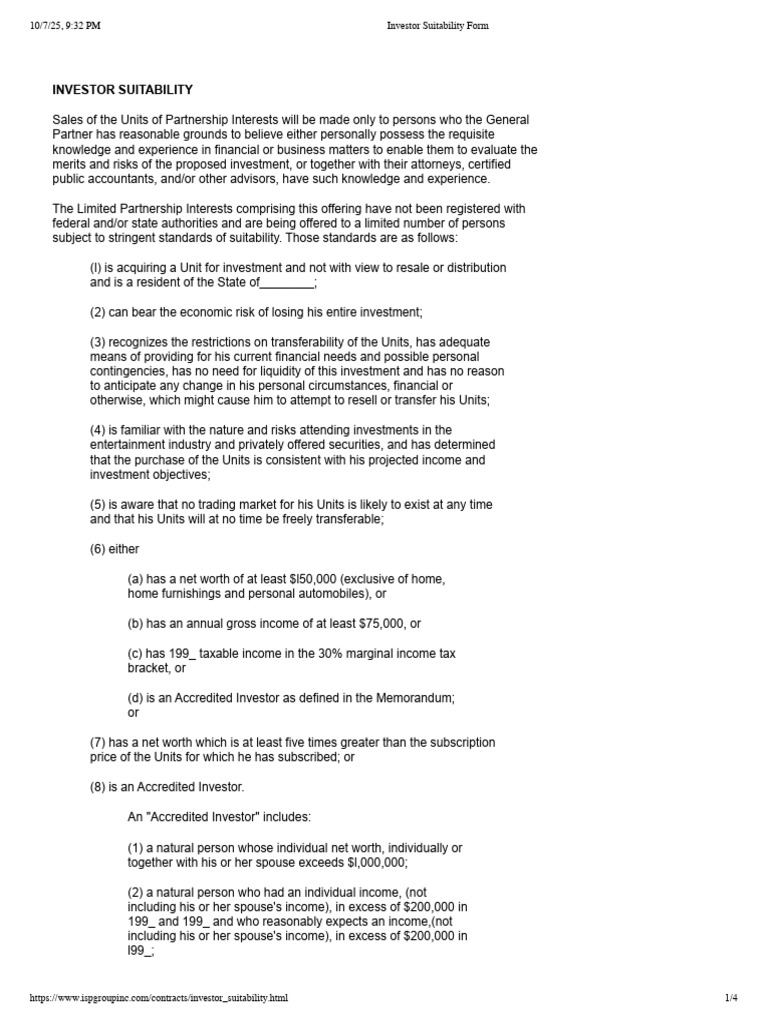 Investor Suitability Form | PDF | Indemnity | Limited Partnership