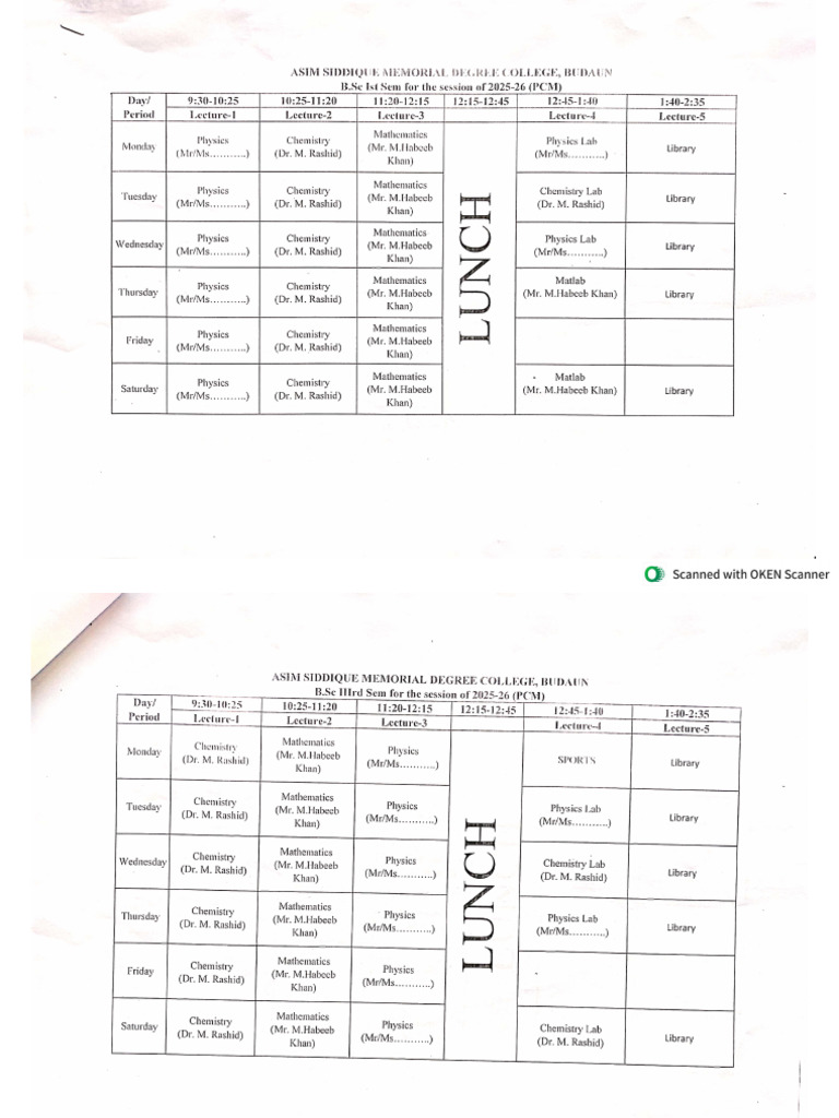 Time Table B.SC PCM | PDF