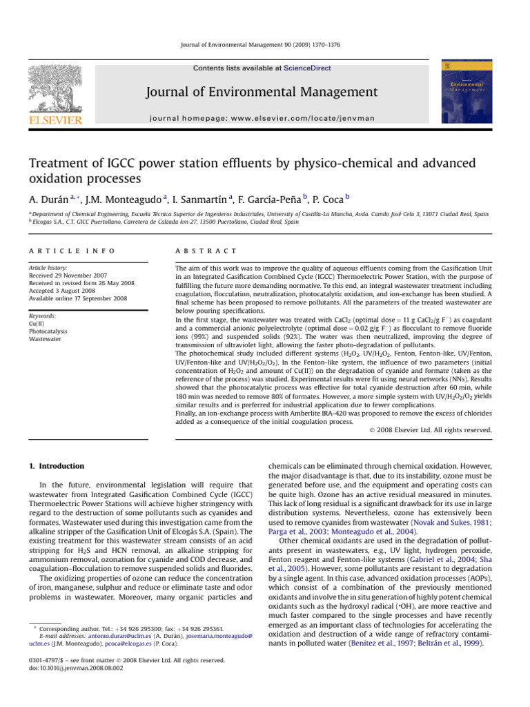 Treatment of IGCC Power Station Effluents by Physico-Chemical and ...