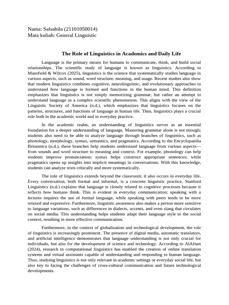 Essay General Linguistic | PDF | Linguistics | Semantics