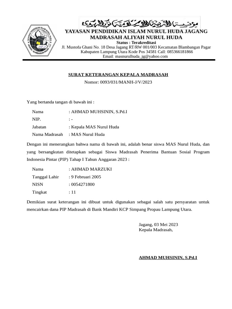 Surat Keterangan Siswa PIP 2023 | PDF