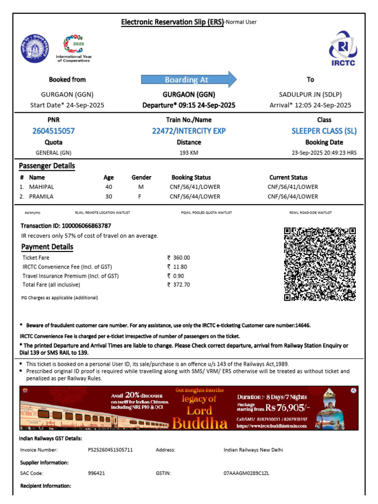 22472/intercity Exp Sleeper Class (SL) | PDF | Identity Document | Payments