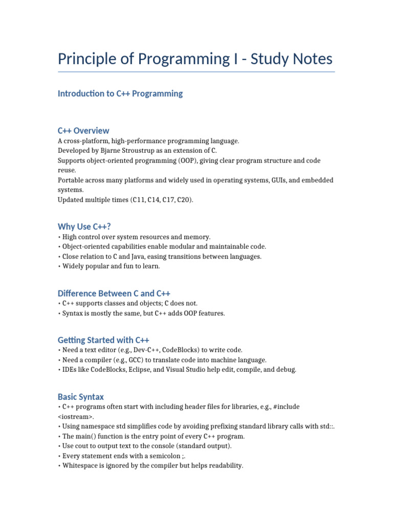 Principle of Programming I Study Notes Formatted | PDF | C++ ...