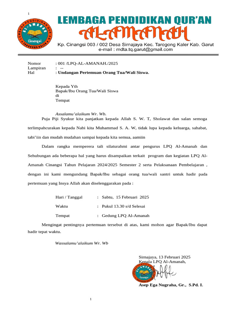 Undangan Rapat Urtu LPQ Al-Amanah 2025 Februari | PDF