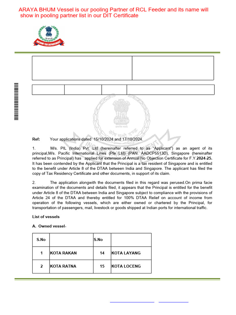 DIT Relief Certificate for Shipping Lines | PDF