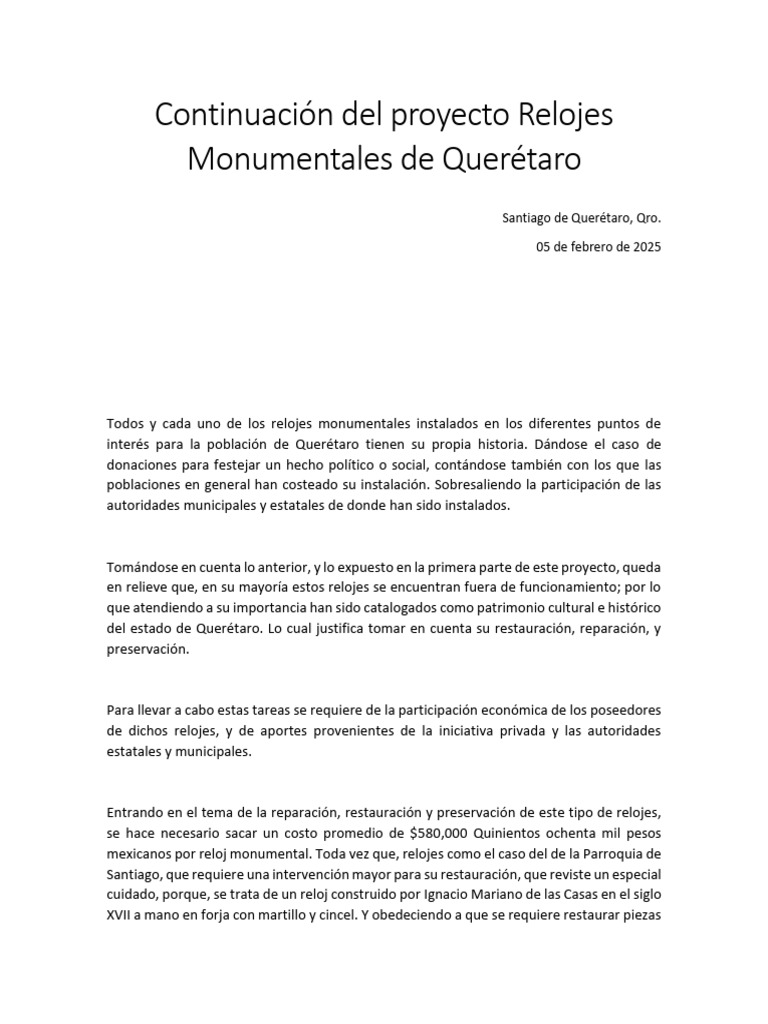 Continuación Del Proyecto Relojes Monumentales de Querétaro | PDF | Reloj