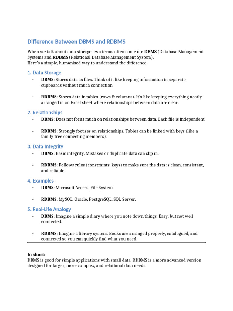 DBMS vs RDBMS: Key Differences Explained | PDF