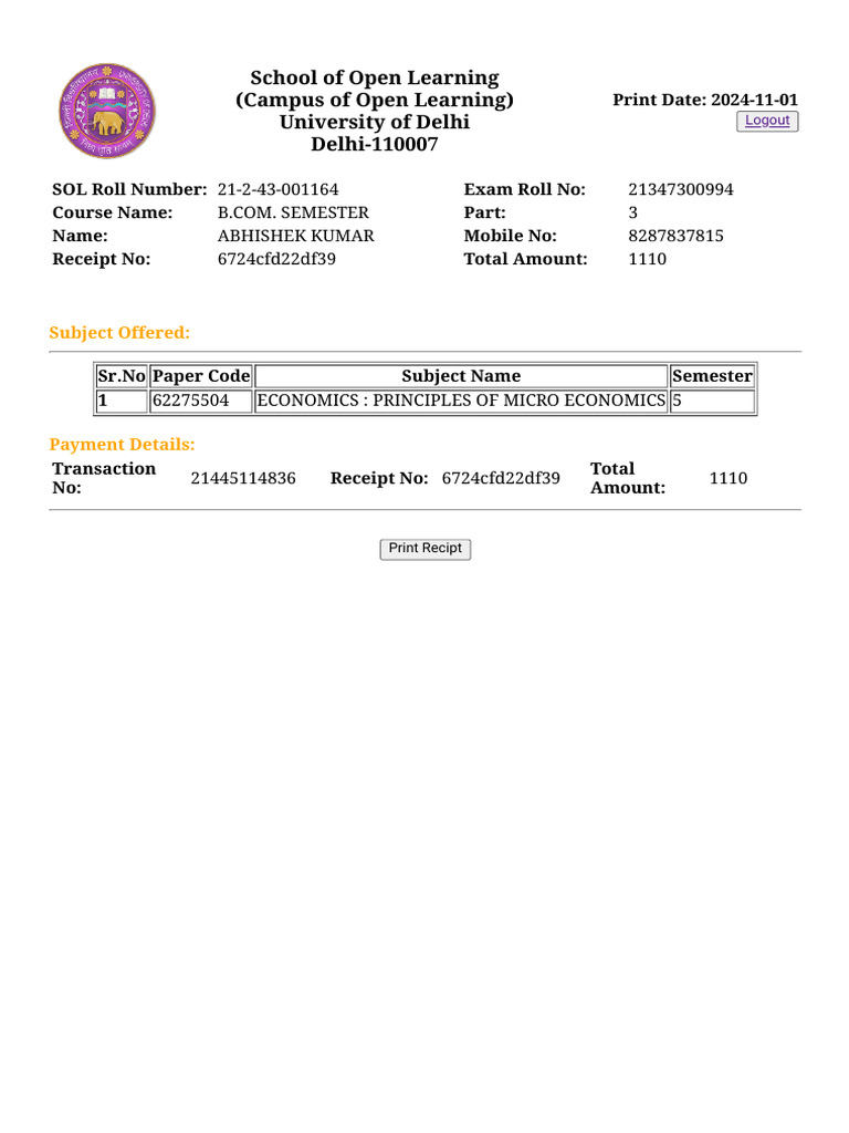 ER Form Receipt | PDF
