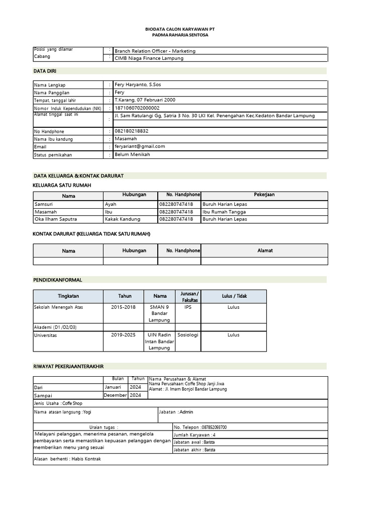Biodata Fery Haryanto - Marketing Officer | PDF
