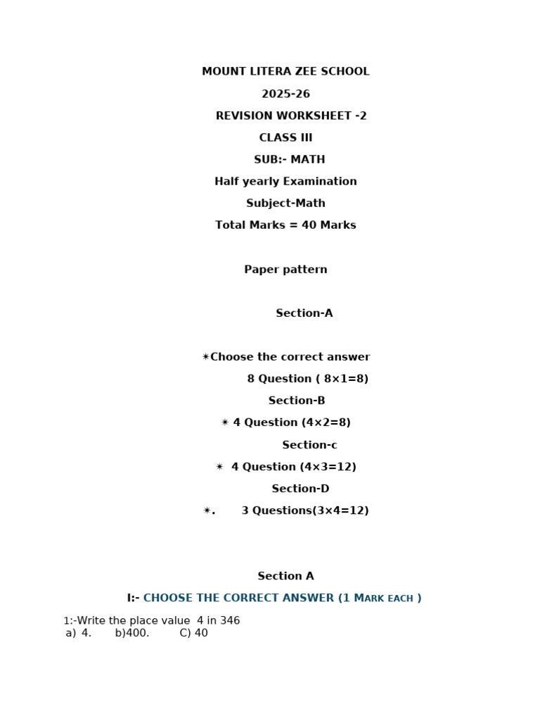Class III Math Revision Worksheet 2025-26 | PDF | Euclidean Geometry ...