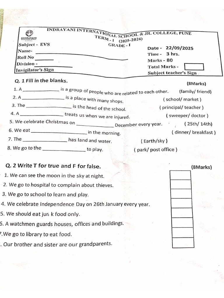 Term 1 Evs Exam Paper | PDF