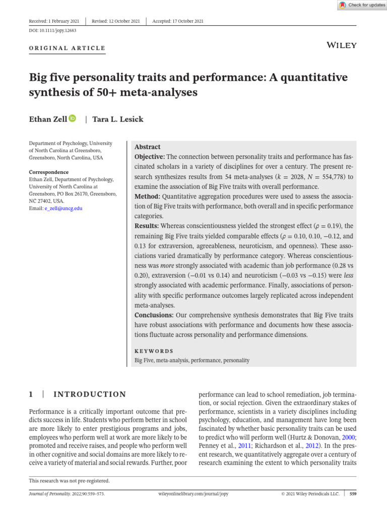 Big Five Personality Traits and Performance | PDF | Behavioural ...