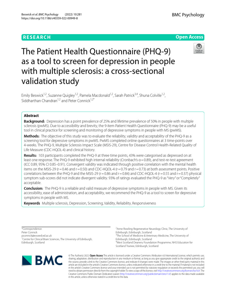 The Patient Health Questionnaire (PHQ-9) As A Tool To Screen For ...
