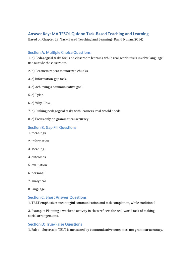 TBLT Ma Tesol Quiz Answer Key | PDF