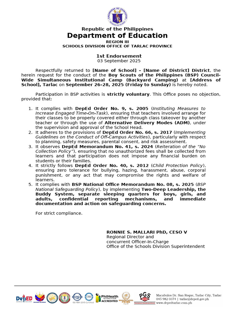 BSP Endorsement Backyard Camping 1 | PDF | Justice | Crime & Violence