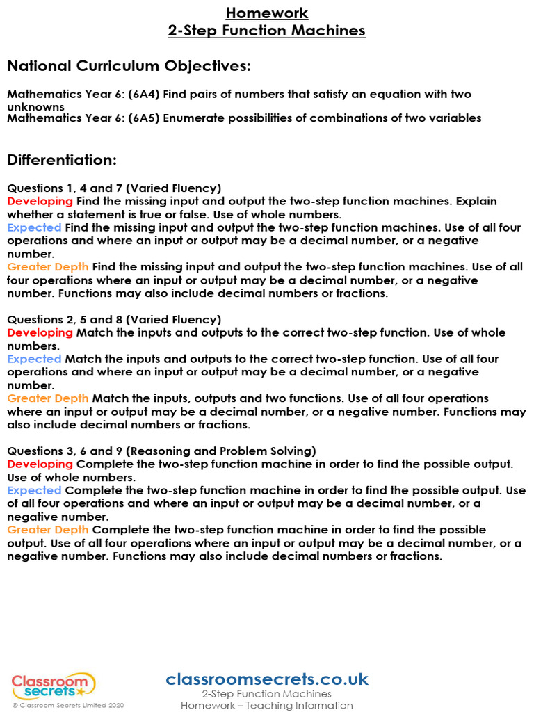 Year 6 2 Step Function Machines HWK | PDF | Function (Mathematics ...