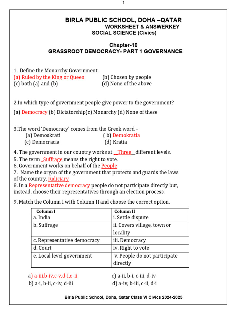 Answer Key Worksheet - Grassroot Democracy - Part 1 Governance | PDF ...