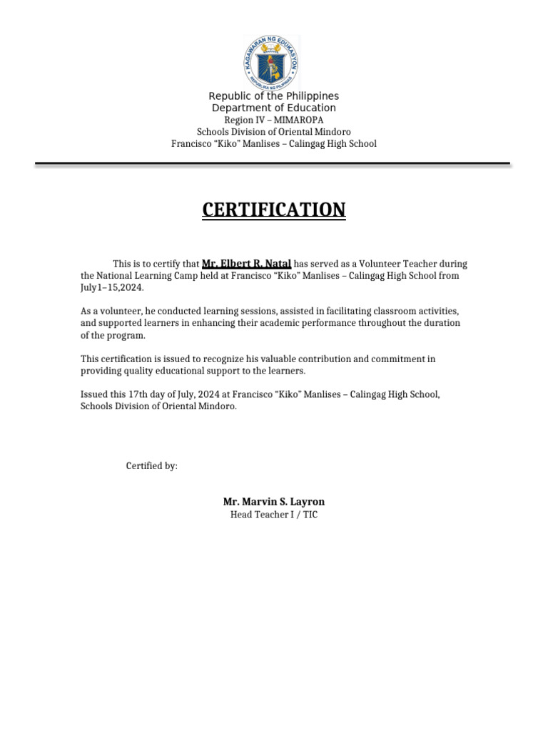 National Learning Camp Certification | PDF