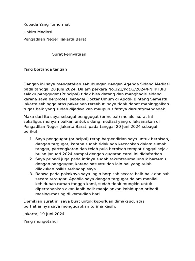 Surat Pernyataan Mediasi Cerai 2024 | PDF
