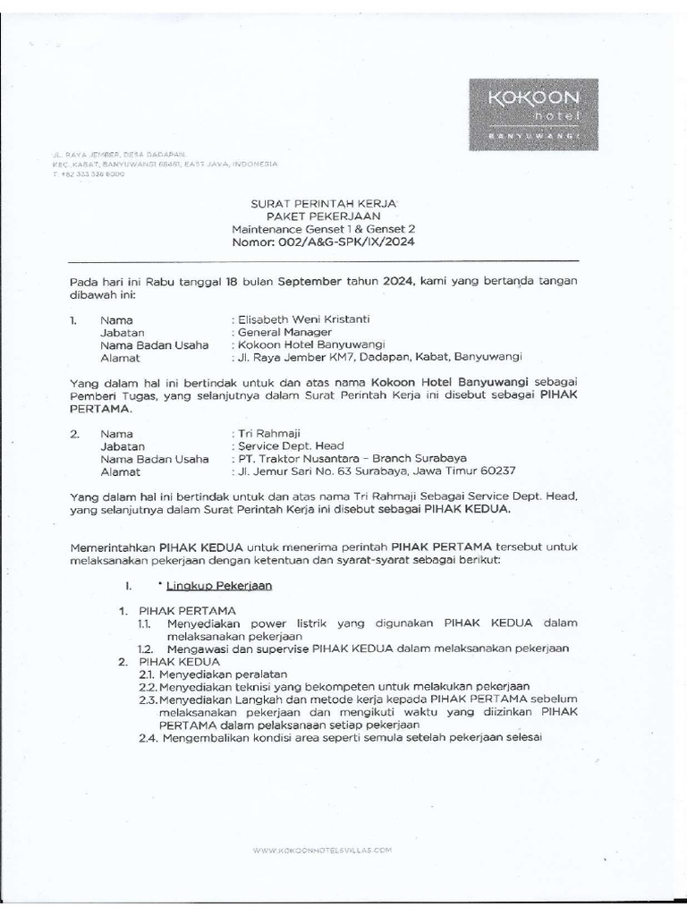 SPK Maintenance Genset - PT. Dana Cipta Kreasi | PDF