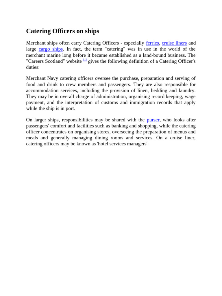 Roles of Catering Officers on Ships | PDF