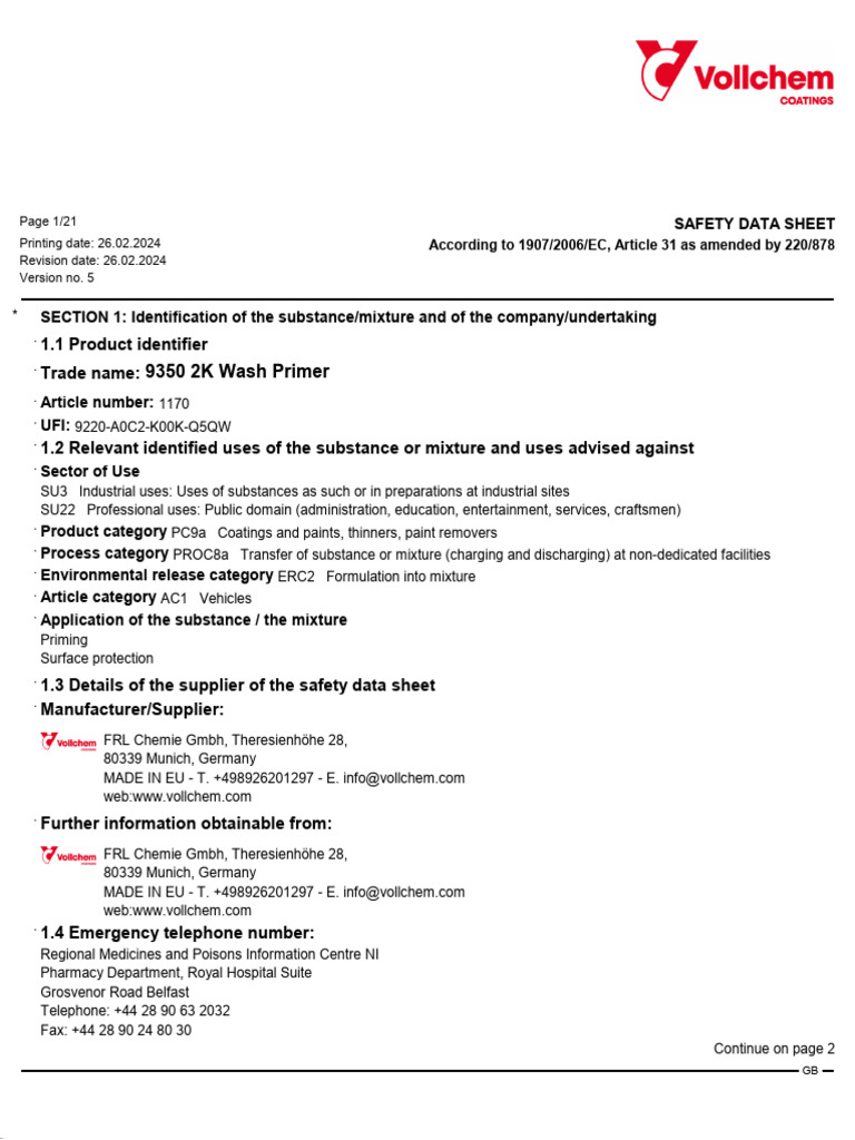 9350 2K Wash Primer MSDS | PDF | Toxicity | Dangerous Goods