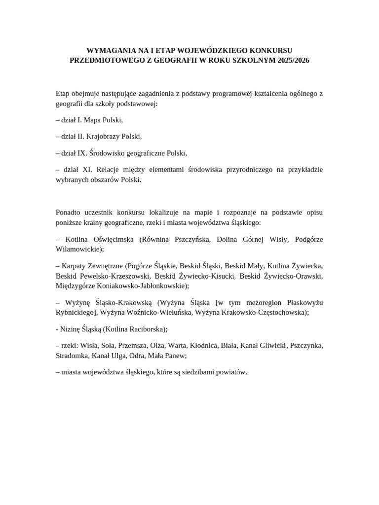 Wymagania I Etap Konkurs Geografia 2025 2026 | PDF
