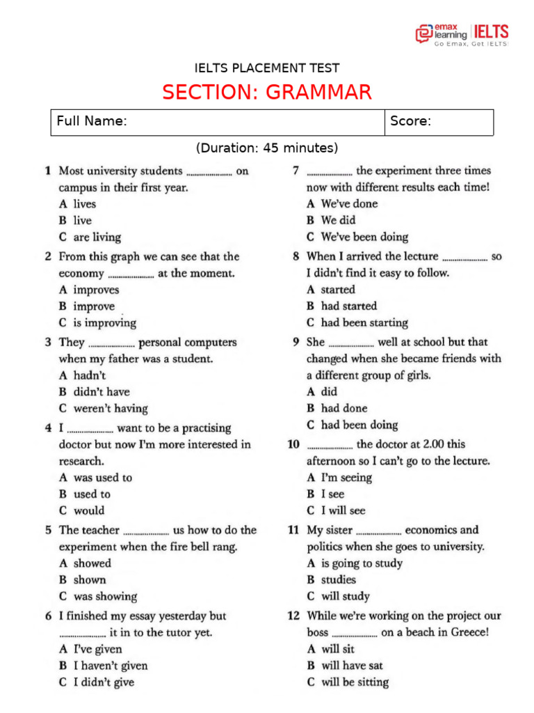 Ielts Placement Test - Grammar | PDF