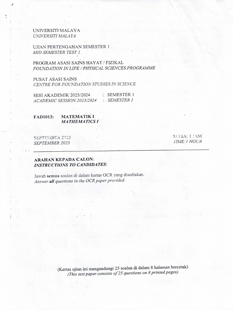 2324 Mid Sem 1 FAD1013 Mathematics I | PDF
