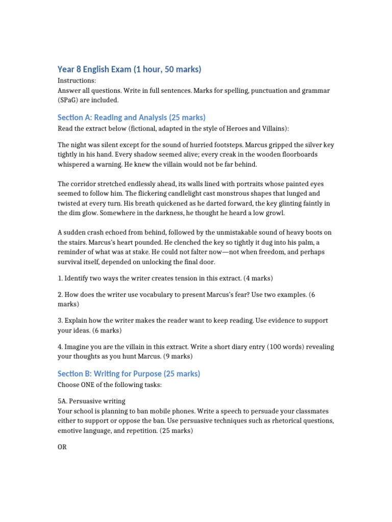 Year 8 English Exam: Reading & Writing Tasks | PDF
