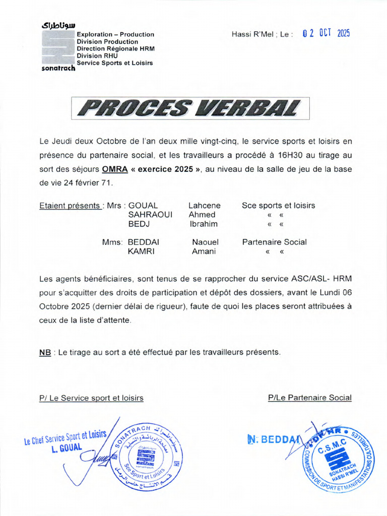 Tirage au sort OMRA 2025 - Sonatrach | PDF