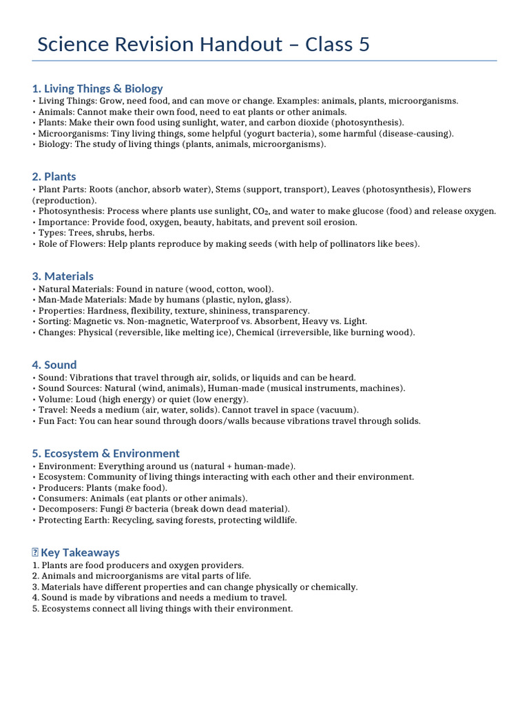 Class5 Science Revision Handout | PDF
