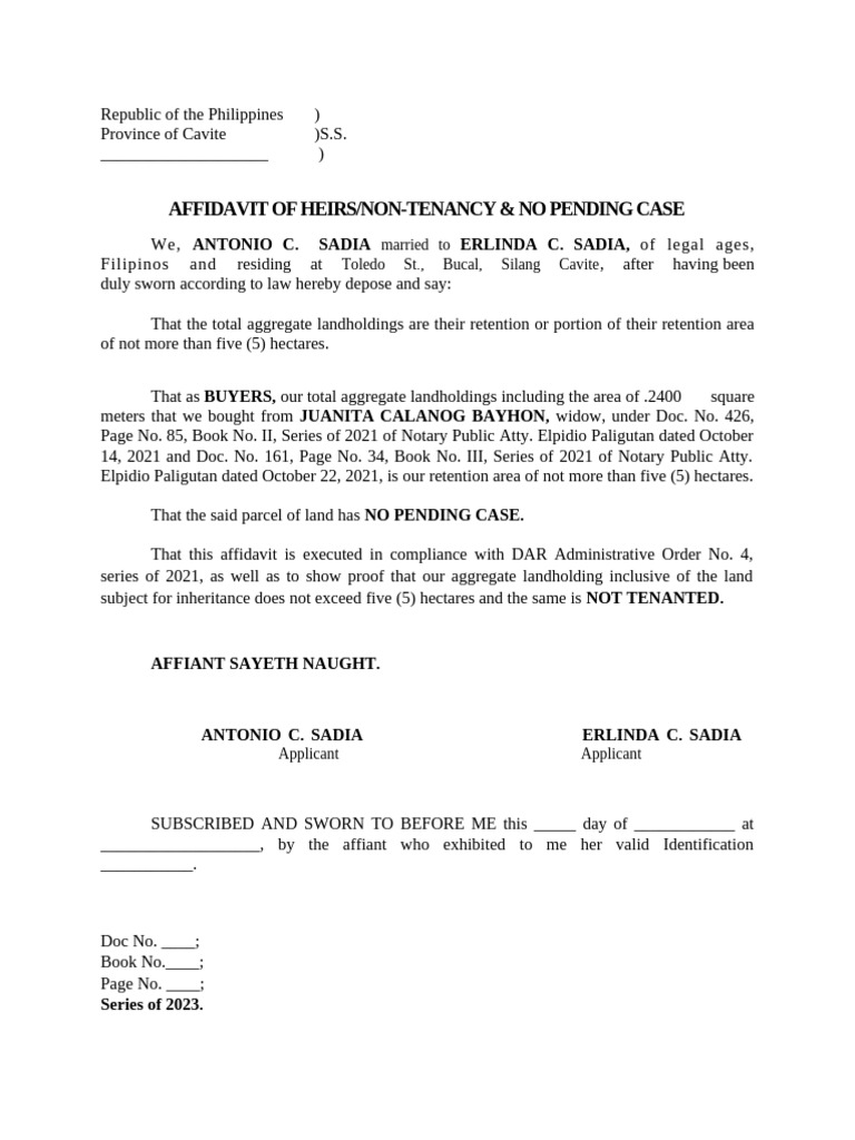 Affidavit of Heirs Non Tenancy and No Pending Case Sadia | PDF