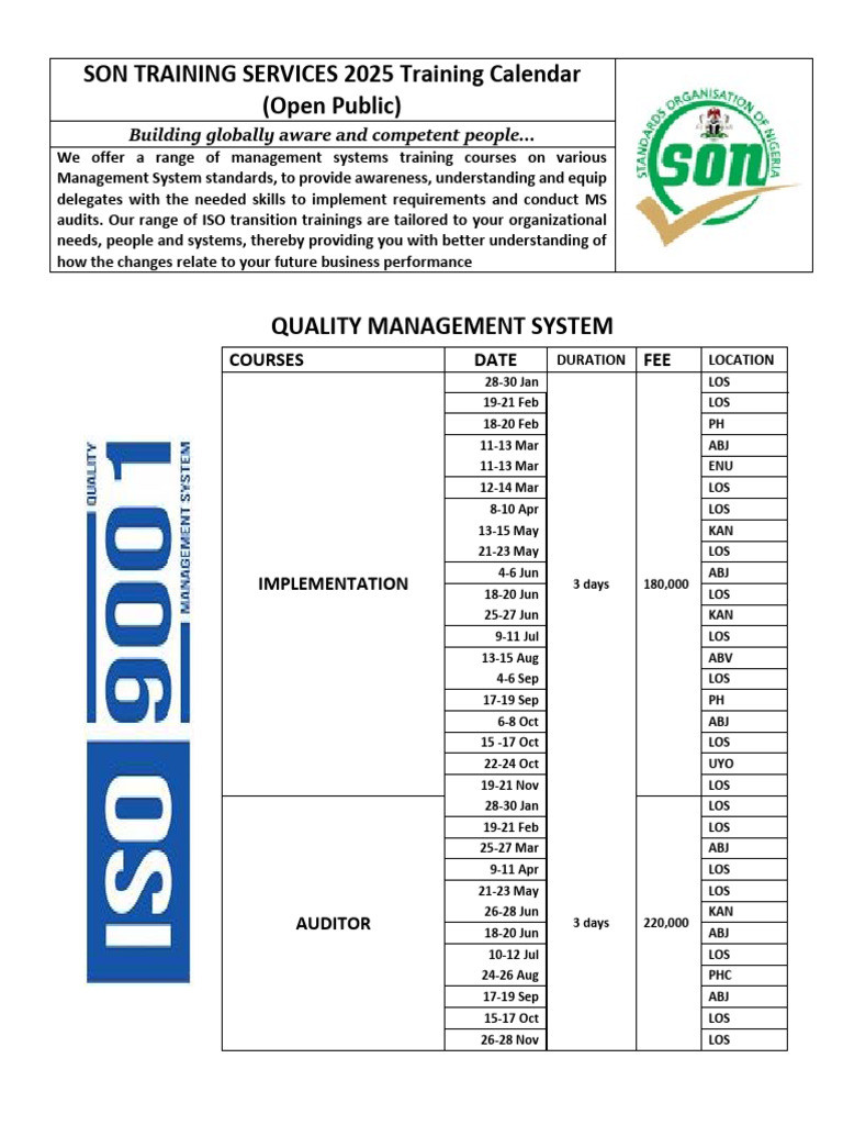 2025 ISO Management Training Calendar | PDF | Business