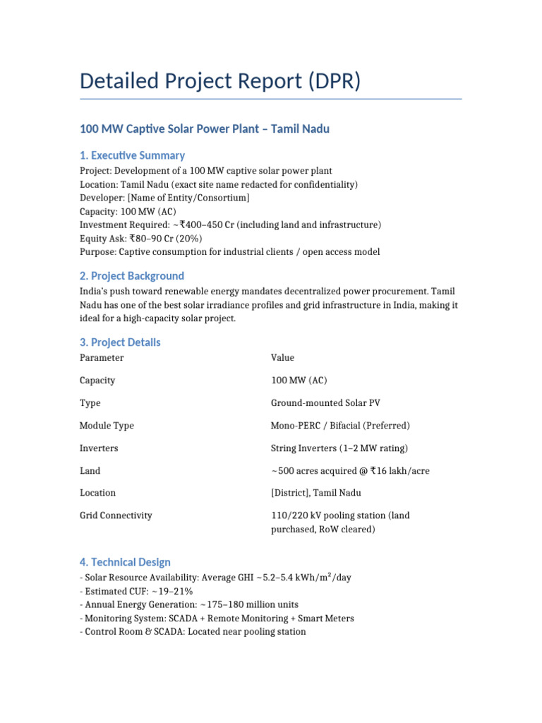 TN Solar Project DPR | PDF | Solar Power | Photovoltaic System