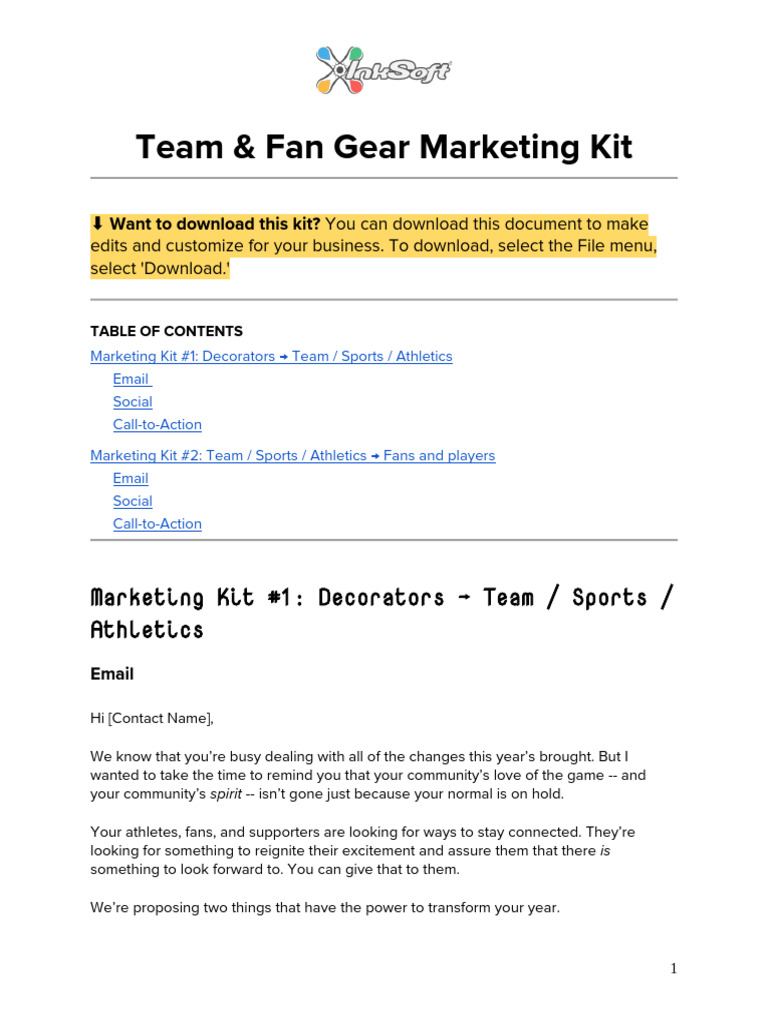 Team & Fan Gear Marketing Kit | PDF
