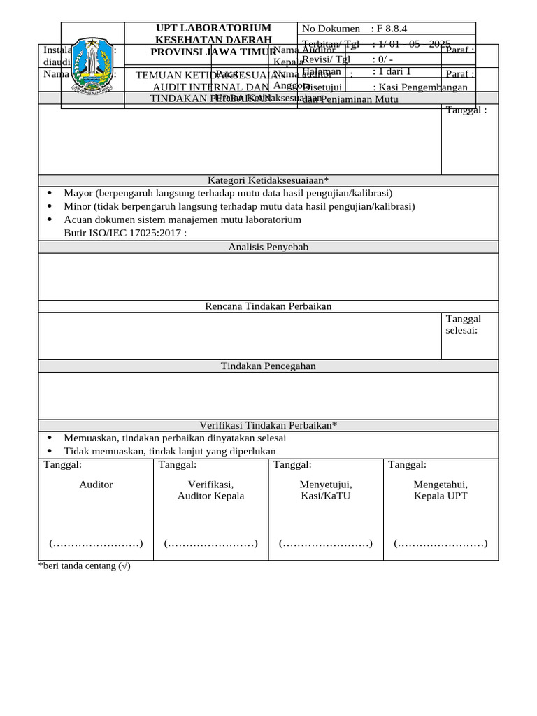 F8.8.4 Form Temuan Ketidaksesuaian Audit Internal Dan Tindakan ...