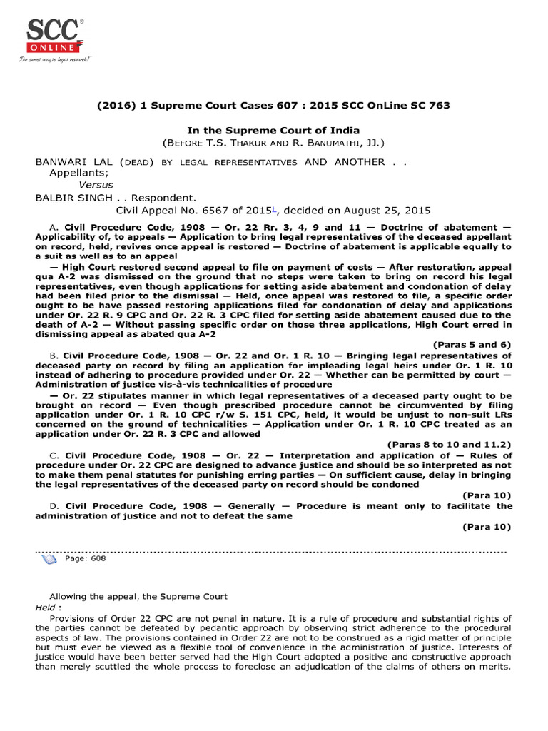 Banwari Lal v. Balbir Singh, (2016) 1 SCC 607 - Condoned Substitution ...