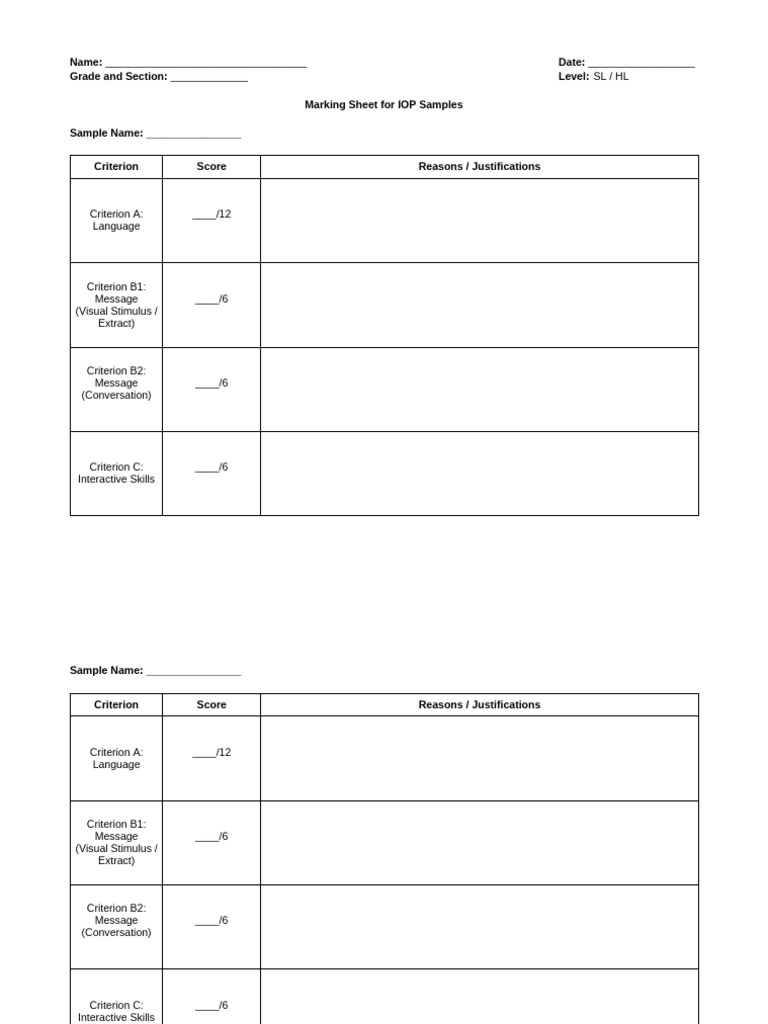 Marking Sheet For IOP Samples | PDF