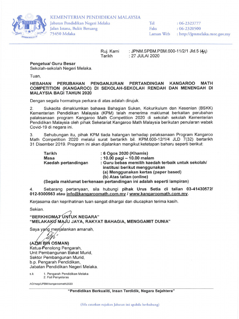 Hebahan Perubahan Penganjuran Pertandingan Kangaroo Math Competition | PDF